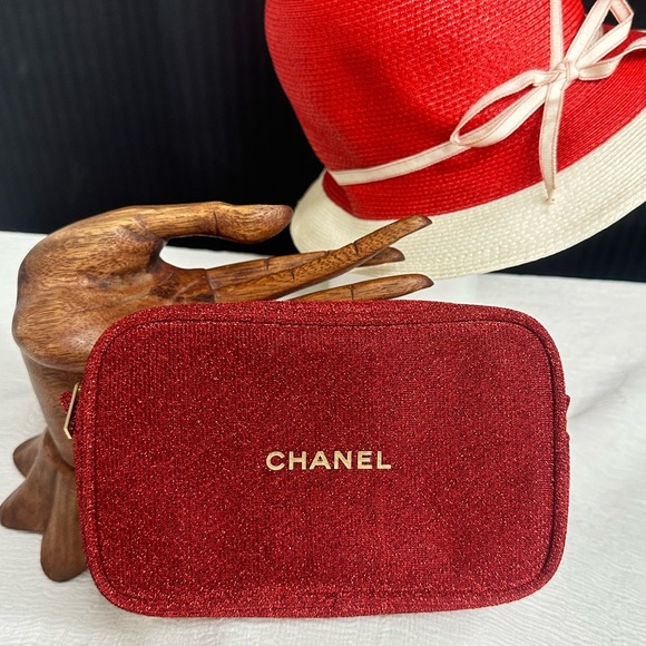 CHANEL | Bags | Chanel Glittering Red Pouch With Gold Logo | Poshmark